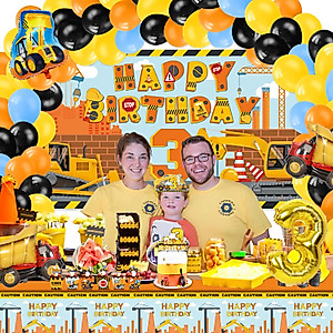 Construction Birthday Party Supplies for 3, 136 Pcs Dump Truck Party Decorations for Boys Baby,Backdrop, Banner, Cake, and Cupcake Toppers, Balloons, Party Traffic Signs, Tablecloth