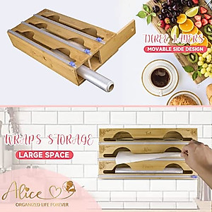 Alice 3-in-1 Foil and Plastic Wrap Organizer with Cutter | Compatible with Plastic Wrap, Aluminum Foil, and Wax Paper | Nature Bamboo Wrap Dispenser for Kitchen Storage Organization for 15 1/4" Roll