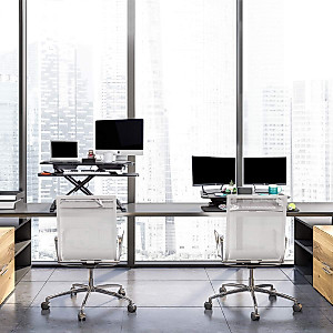 Flexpro Hero 37 Inch Standing Desk | 2 Level Standing Desk Converter with Keyboard Shelf and Monitor Riser | Large Dual Level Sit to Stand Workspace | Easily Sit or Stand in Seconds! (Black / 37")