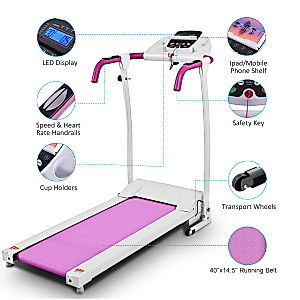 Goplus 800W Folding Treadmill Electric Motorized Power Fitness Running Machine with LED Display and Mobile Phone Holder Perfect for Home Use (Pink)