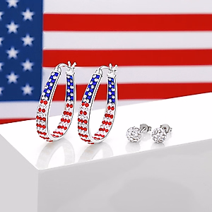 Silver Plated Oval Inside Out Crystal Hoop Earrings For Women Patriotic Earrings Fashion Jewelry