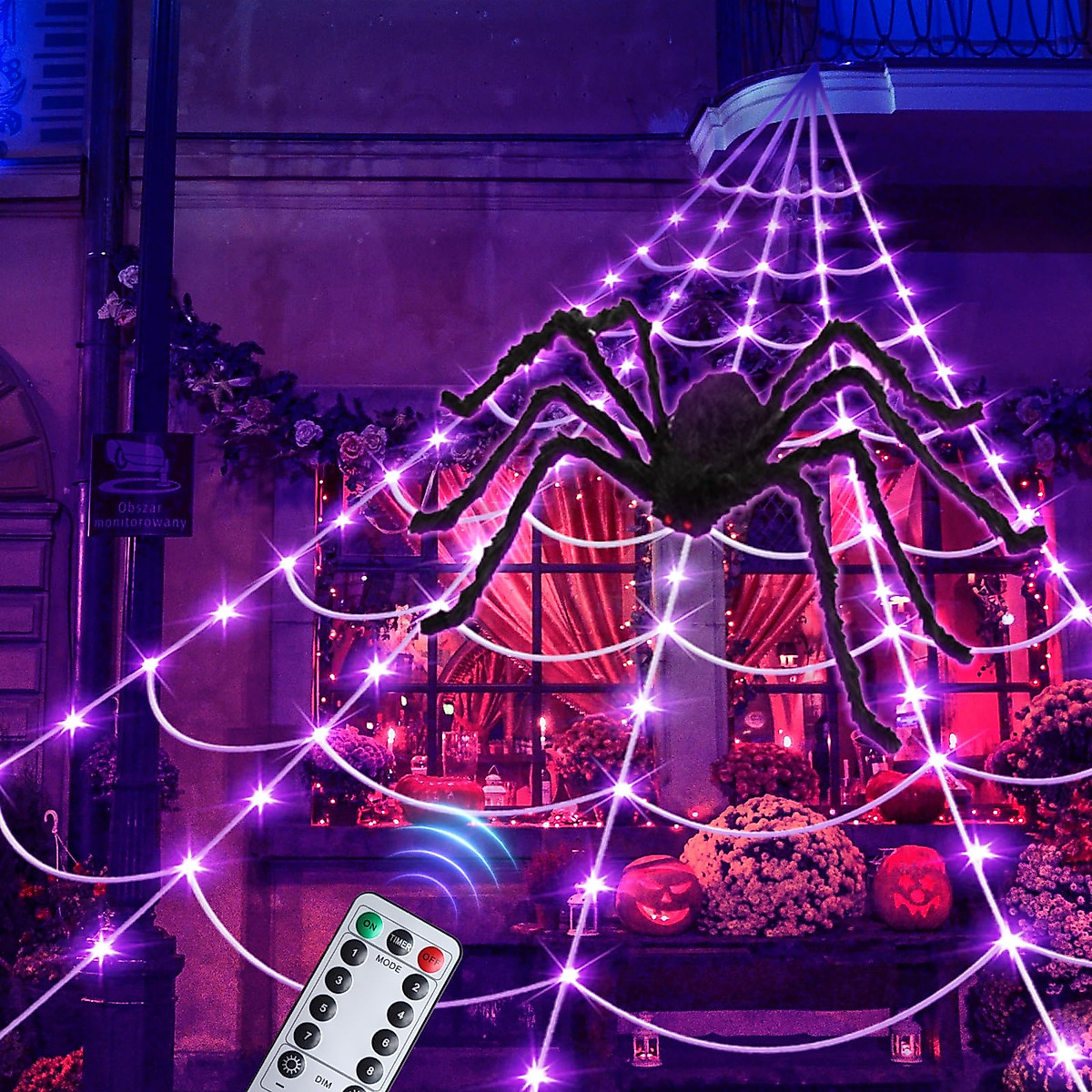 Halloween Decorations Spider Webs with 135 Purple Lights, 200" Triangular Huge Web, One Huge Spider, 20pcs Small Spiders and Extra Fiber for Outdoor Yard Decors