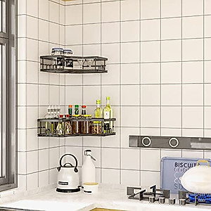 BOROY 3 Pack Corner Shower Caddy, No Drilling Strong Adhesive Shower Organizer Shelf with Hooks, Waterproof, Rustproof Wall-mounted Stainless Steel Shelves for Bathroom Organization, Black