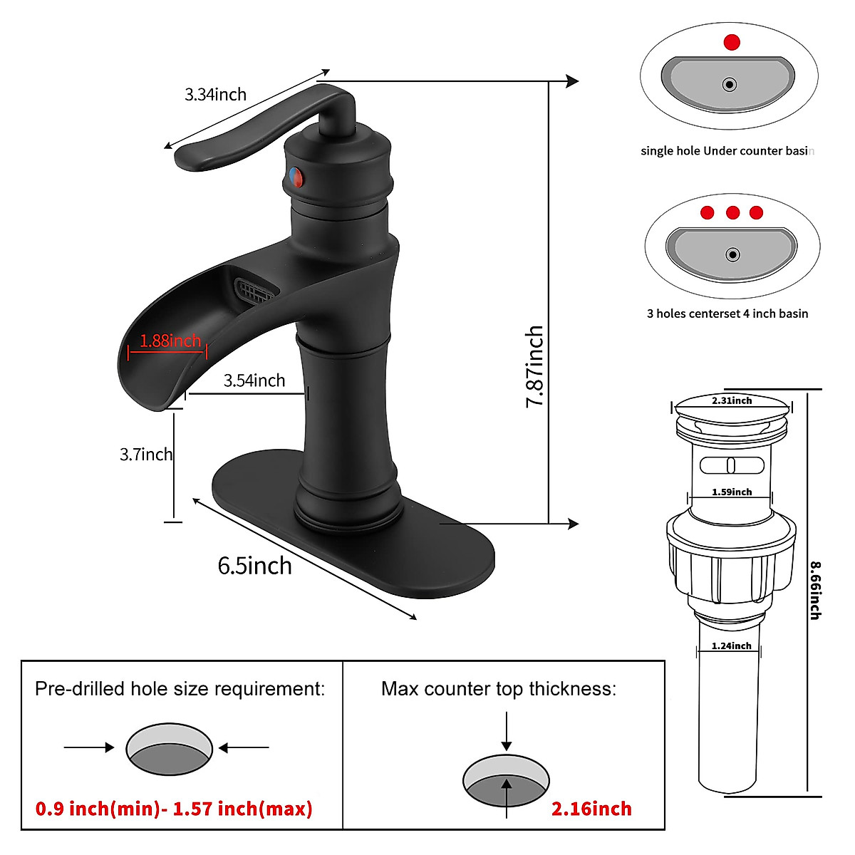Waterfall Bathroom Faucet GGStudy Black Single Handle One Hole Farmhouse Matte Black Bathroom Vanity Faucet Basin Mixter Tap Deck Mount with Drain Assembly