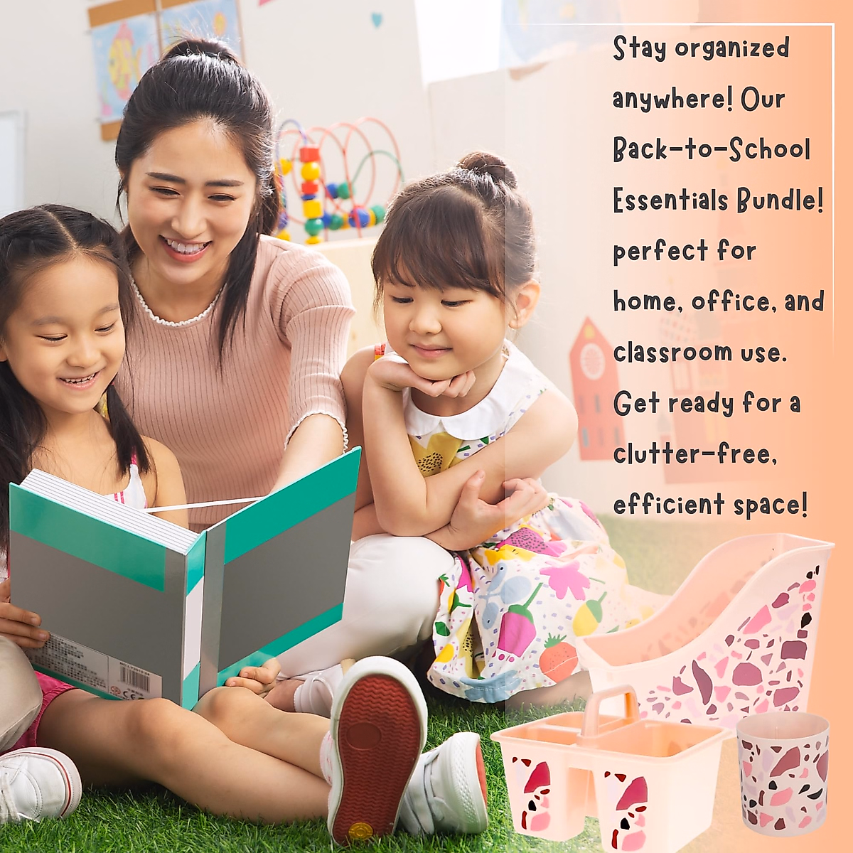 A1 Unlimited Back to School Essentials Bundle, (PEACH) Printed Design Pastel Pencil Cup Craft Caddy Interlocking Book Bin Perfect Storage Organizer Holder for Home Office Classroom with Bonus Item