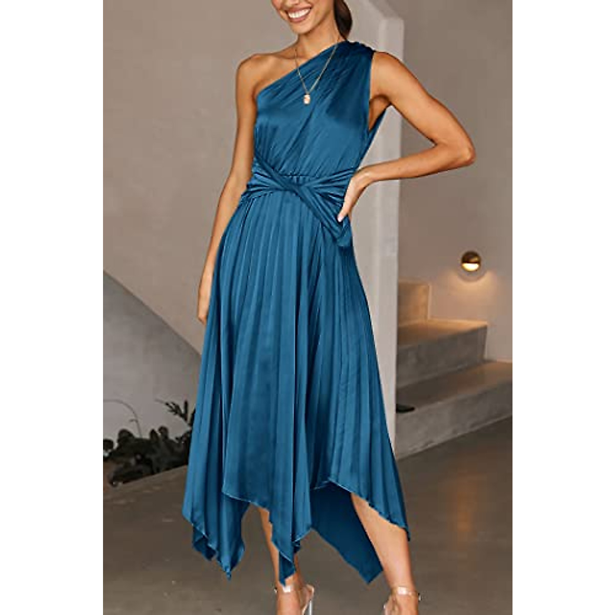 PRETTYGARDEN Women's Summer Long Satin Dress One Shoulder Sleeveless Ruched Twist Flowy Maxi Dresses (Lake Blue,Small)