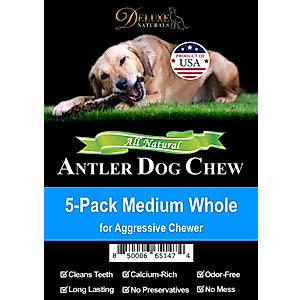 Deluxe Naturals Elk Antler Chews for Dogs | Naturally Shed USA Collected Elk Antlers | All Natural A-Grade Premium Elk Antler Dog Chews | Product of USA, 5-Pack Medium Whole