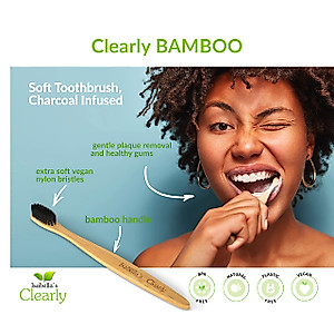 Clearly Bamboo Toothbrush Set | Extra Soft Charcoal Infused Bristles, Eco Biodegradable Wood, BPA Free Vegan Nylon | Great for Teeth Whitening, Sensitive Gums, Adults, Kids (Family Pack of 4)