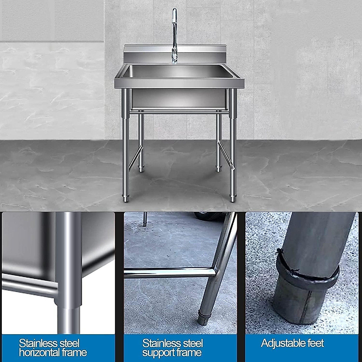 Katzowen Stainless Steel Kitchen Sink Home Commercial Sinks Outdoor Indoor Freestanding Single Bowl Sinks, for Restaurants, Catering, Laundry Room, Garage, Easy to Use and Clean 50×50×80cm