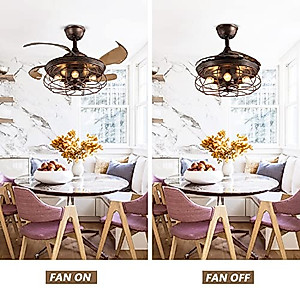 36" Industrial Reverse Ceiling Fan with Lights, Siljoy Vintage Rusty Cage Chandelier Fan Retractable Blades Fandelier with Remote Control for Farmhouse Dining Room Bedroom, 5 E26 Bulbs Not Included