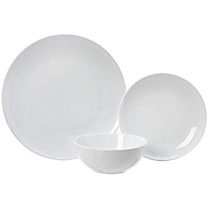 Amazon Basics 18-Piece Kitchen Dinnerware Set, Plates, Dishes, Bowls, Service for 6, White Porcelain Coupe