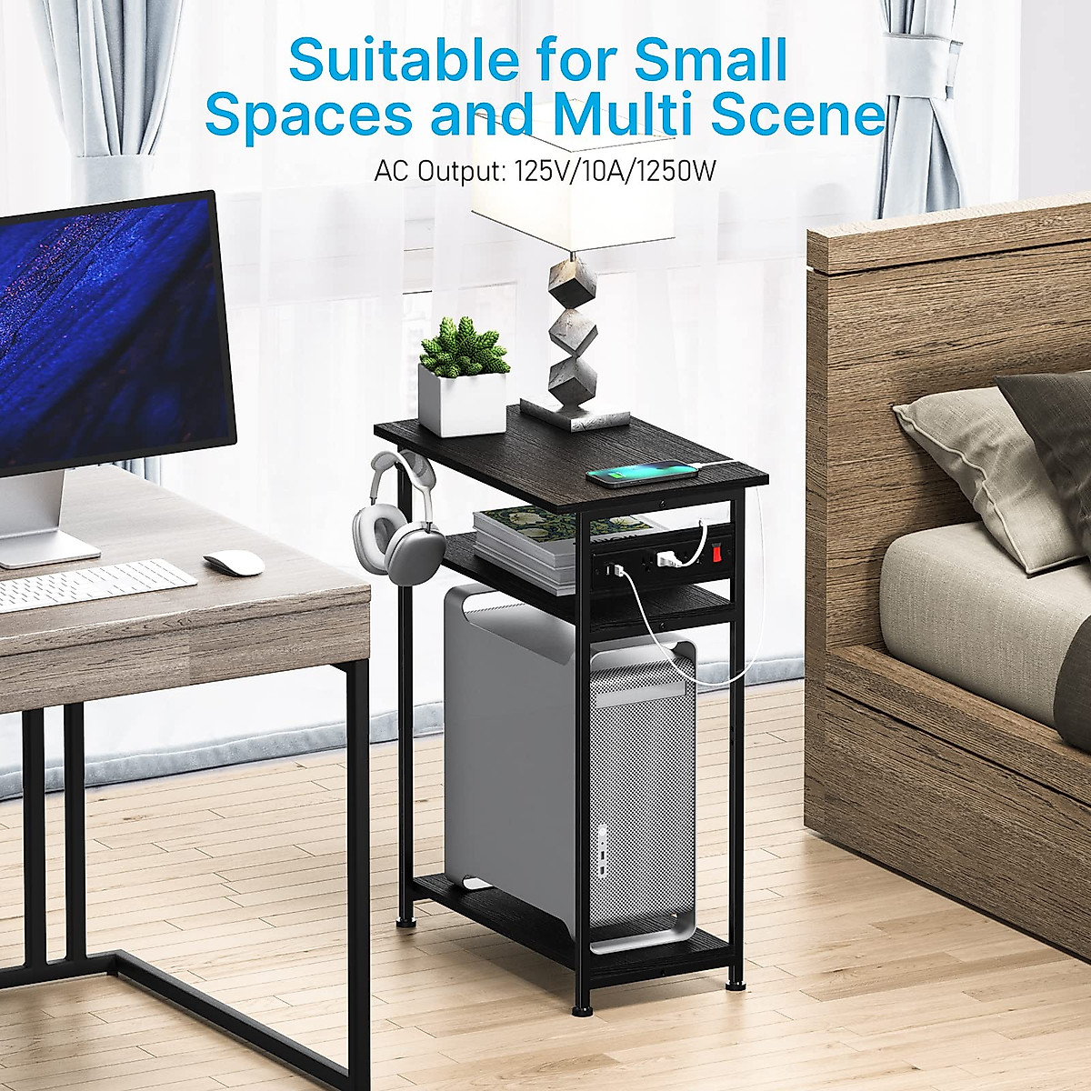 CCCEI Computer Tower and Printer Stand Design with Charging Station, 4 Outlets and Fast Charging USB Ports, 3 Tier Storage, Tall PC Case or Scanner Table 30 Inches High for Small Home Office Black