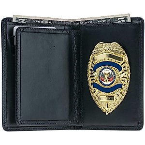Police Badge Wallet, All Leather, Fits Any Shape Badge with a Pin Back- Black