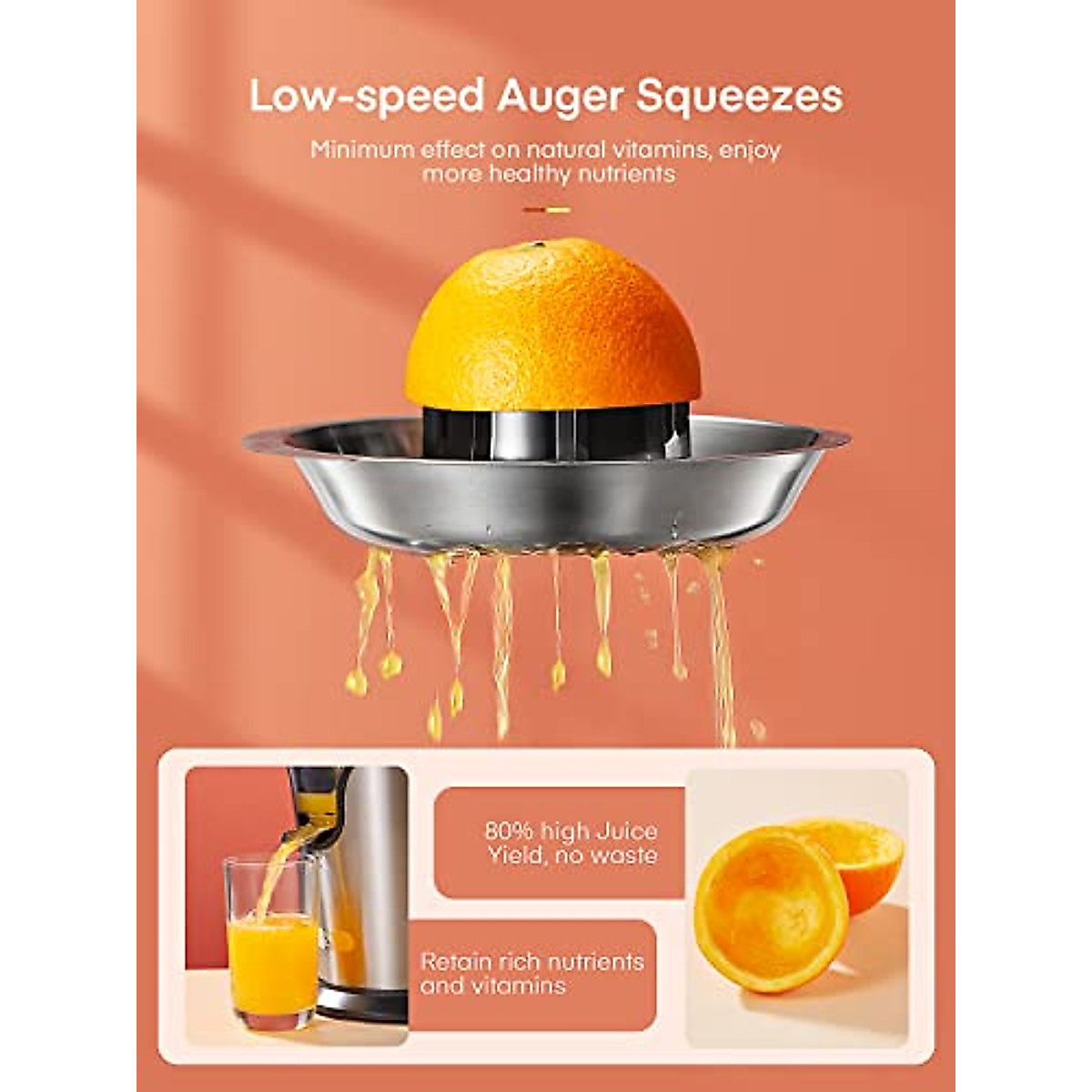 FOHERE Citrus Juicer Electric Orange Juicer with Humanized Handle and Two Size Cones for Grapefruits, Orange and Lemon, Powerful 160W Silent Motor Stainless Steel BPA-Free, Silver