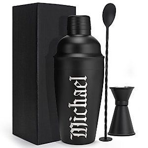 Custom Bartender Kit, Engraved Cocktail Shaker Set, Personalized w/Name, 18 Oz Black Stainless Steel Martini Shaker w/Strainer, Jigger & Spiral Cocktail Spoon, Gifts for Men