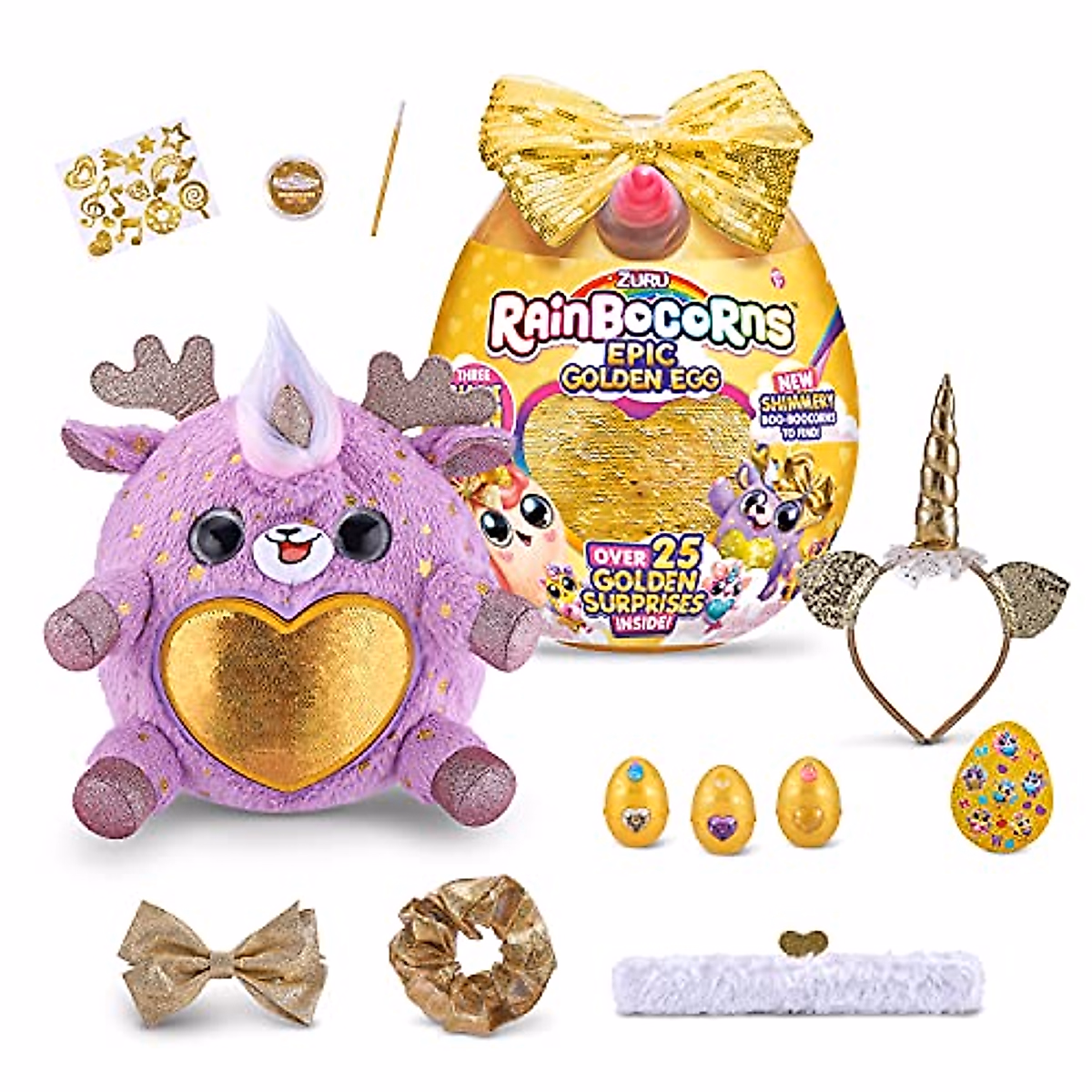 Rainbocorns Epic Golden Egg by ZURU (Reindeer), Girls Toy Includes Stuffed Animal with 25+ Golden Surprises, with Rings, Stickers, Bows, and More - Girls Gift Idea