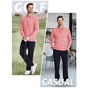 TACVASEN Mens Golf Shirts Long Sleeve Mens Polo Shirts Athletic Polo Shirt for Men Dry Fit Long Polo for Men Quick Dry Polo Shirts for Men Grey Pink