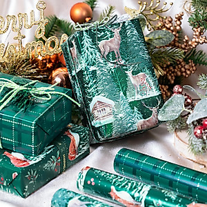 LeZakaa Christmas Green Wrapping Paper Roll - Mini Roll - Fox, Squirrel, Reindeer & Chrismas Tree, Green Plaid for Christmas Holiday Party - 17 x 120 inches - 3 Rolls (42.5 sq.ft.ttl.)