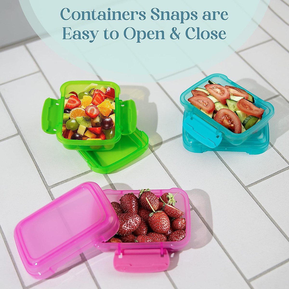 MosJos Snack Containers (4 Set) - 4.75 Oz Small Food Storage Cups with Lids - Fruit, Nuts, Sauce, Condiments & Salad Container for Lunch Box - (3 Bright Colors)