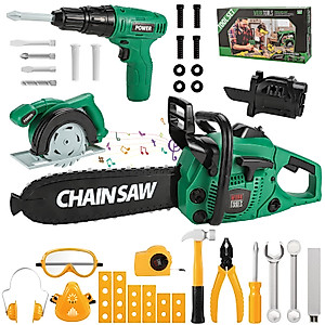 Mathea Toy Chainsaw for Kids Chainsaw Toys Pretend Play Series Kids Tool Set Kids Outdoor Electronic Power Tools Toys 36 PCS Toy Tool Sets for Toddlers Boys Girls 3 4 5 6 7 8 9 10 11 12 Years Old