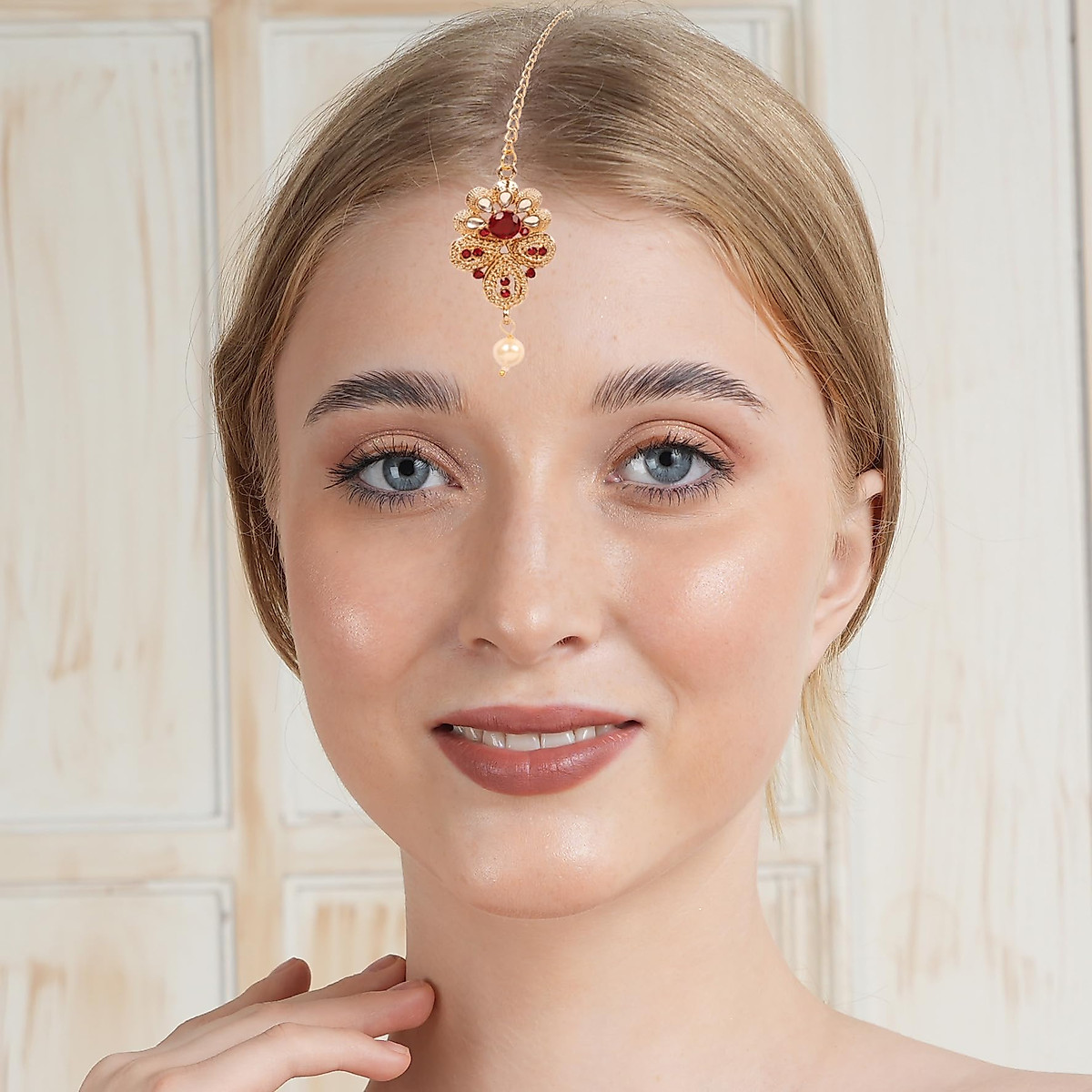Touchstone NEW Indian Bollywood Traditional Floral Paisley Mughal Kundan Look Faux Ruby Designer Jewelry Mangtika Head Accessory in Antique Gold Tone. for Women.