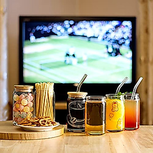 VITEVER 12pcs Set Glass Cups with Bamboo Lids and Glass Straw - Beer Can Shaped Drinking Glasses, 16 oz