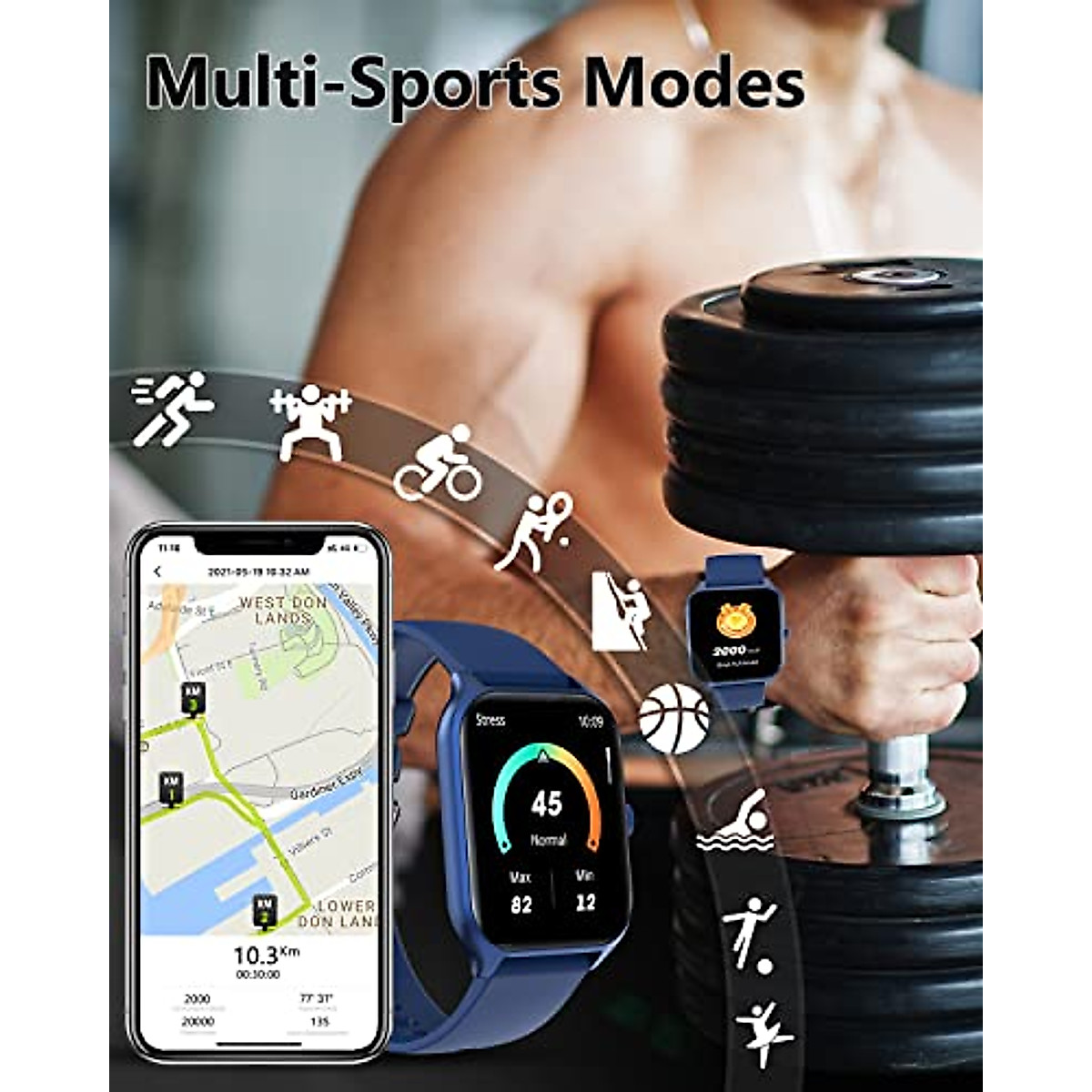 Smart Watch, 1.96-Inch HD Touch Screen Smartwatch with Text and Call, Heart Rate, Blood Oxygen, and Activity Trackers - Compatible with iPhone and Android, IP68 Waterproof, for Men and Women (Blue)