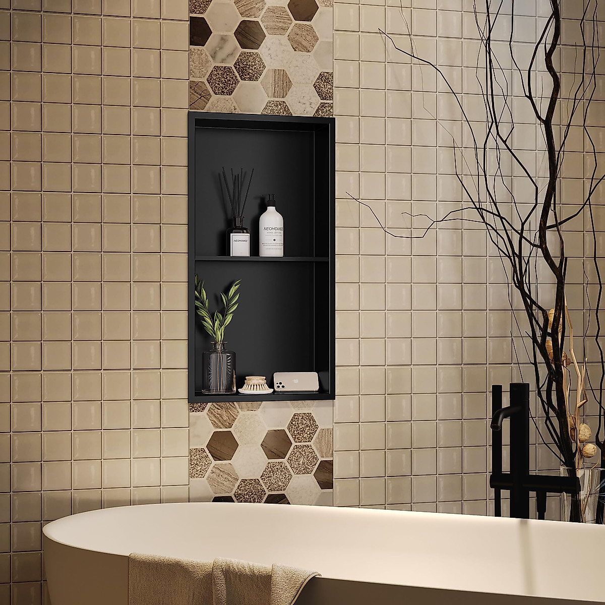 Neodrain No Tile Shower Niche, Stainless Steel Wall Niche 13.1"X25.1"(Inner Size 12"X24"), Two-Tier Bathroom Shelf, NO Tile Needed Recessed Niche Shower for Bathroom Storage, Matte Black