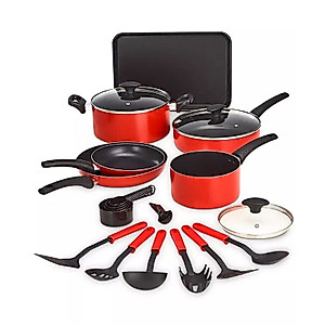 Bella Soft Grip Healthy Ceramic Nonstick, 17 Piece Cookware Pots and Pans Set, PFAS-Free, Dishwasher Safe, Red