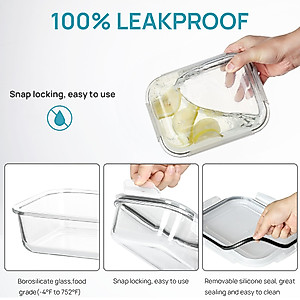 Vtopmart 2.26L/76oz Extra Large Glass Food Storage Containers with Lids, 6 pack Meal Prep Container Set, Airtight Container Bento Boxes with Snap Locking Lids for Microwave, Oven, Freezer, Dishwasher