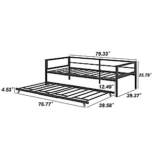 DUMEE Metal Daybed Frame with Trundle, Multifunctional Mattress Foundation/ Day Bed Sofa with Headboard, Easy Roll in-Out Trundle Bed (Twin, Black)