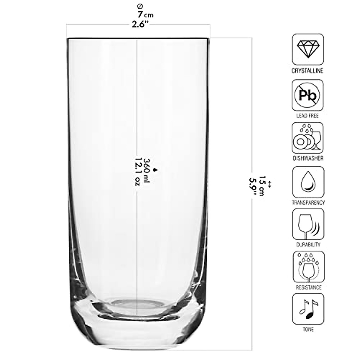 Krosno Long Tall Water Juice Mojito Drinking Glasses, Set of 6 Highball Glasses, 12.1 oz, Glamour Collection, Lead-Free Crystal Glass Drinking Glasses, Water Glasses, Made in Europe