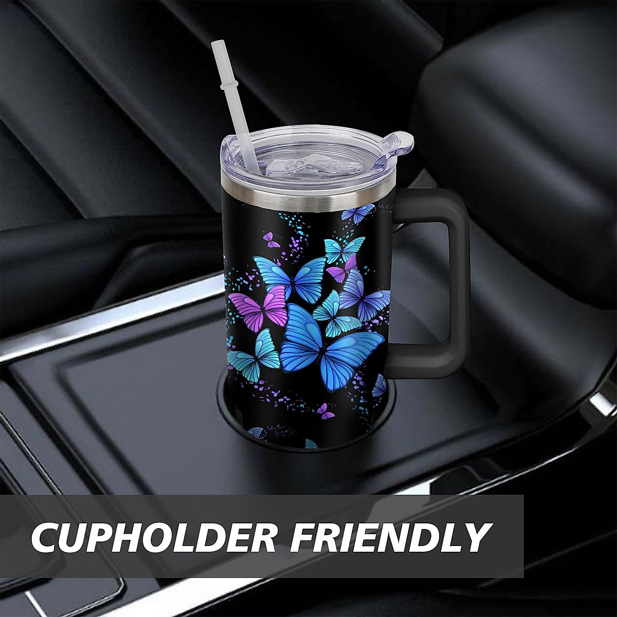 Thmasamwr Butterfly Tumbler With Lid, Straw and Handle - 40oz Stainless Steel Travel Coffee Mug Water Bottle - Gift Cup for Women and Girls