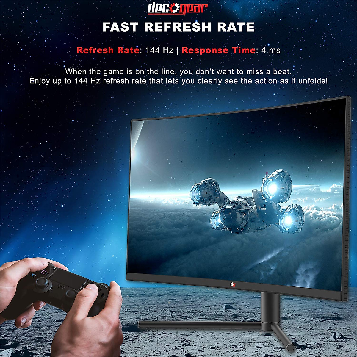 Deco Gear 27-Inch 2560x1440 HDR 400 Color Accurate Curved Gaming Monitor, VA Panel, 16:9 Aspect Ratio, 3000:1 Contrast Ratio, 99% sRGB, 85% NTSC, 90% DCI-P3, 83% Adobe RGB, 144Hz Refresh Rate