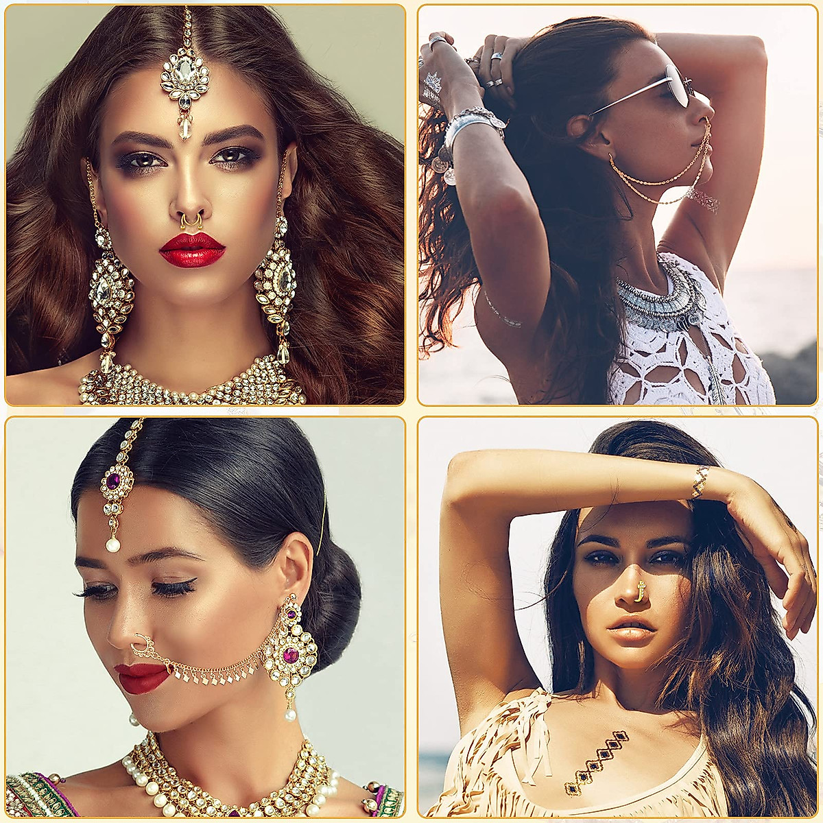 Junkin 12 Pieces nose ring chain Jewelry Stainless Steel Nose Chain Nose Cuff Fake Septum Fake Nose Ring Hoop Fake Septum Ring Non Piercing Nose Rings Gold for Women and Men