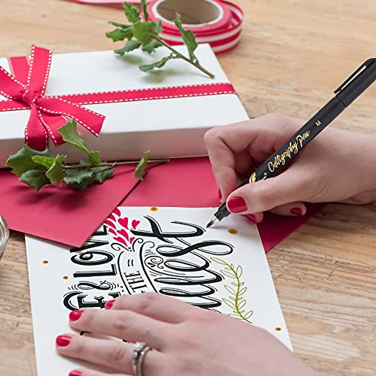 GETHPEN Calligraphy Pens,Hand Lettering Pens, Calligraphy Brush Pen set for Beginners Writing, Sketching, Scrapbooking, Journaling, Soft and Fine Tip, Black Ink Drawing Pen Set, 8 Size