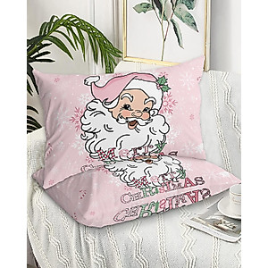 Edwiinsa Blush Pink Santa Pillow Covers Standard Size Set of 2 Bed Pillow, Plush Soft Comfort for Hair/Skin Cooling Pillowcases with Envelop Closure 20x26 Inches Christmas Romantic Snowflake Berry