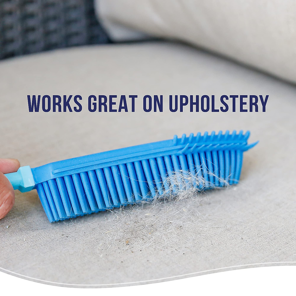 Don Aslett's Rubber Broom (12") and Hand Brush (10") Set | 59-inch Steel Pole | Multipurpose Synthetic Rubber Bristles Cleans Pet Cat or Dog Hair, Liquid Spills on Concrete & Hardwood Surface (Blue)