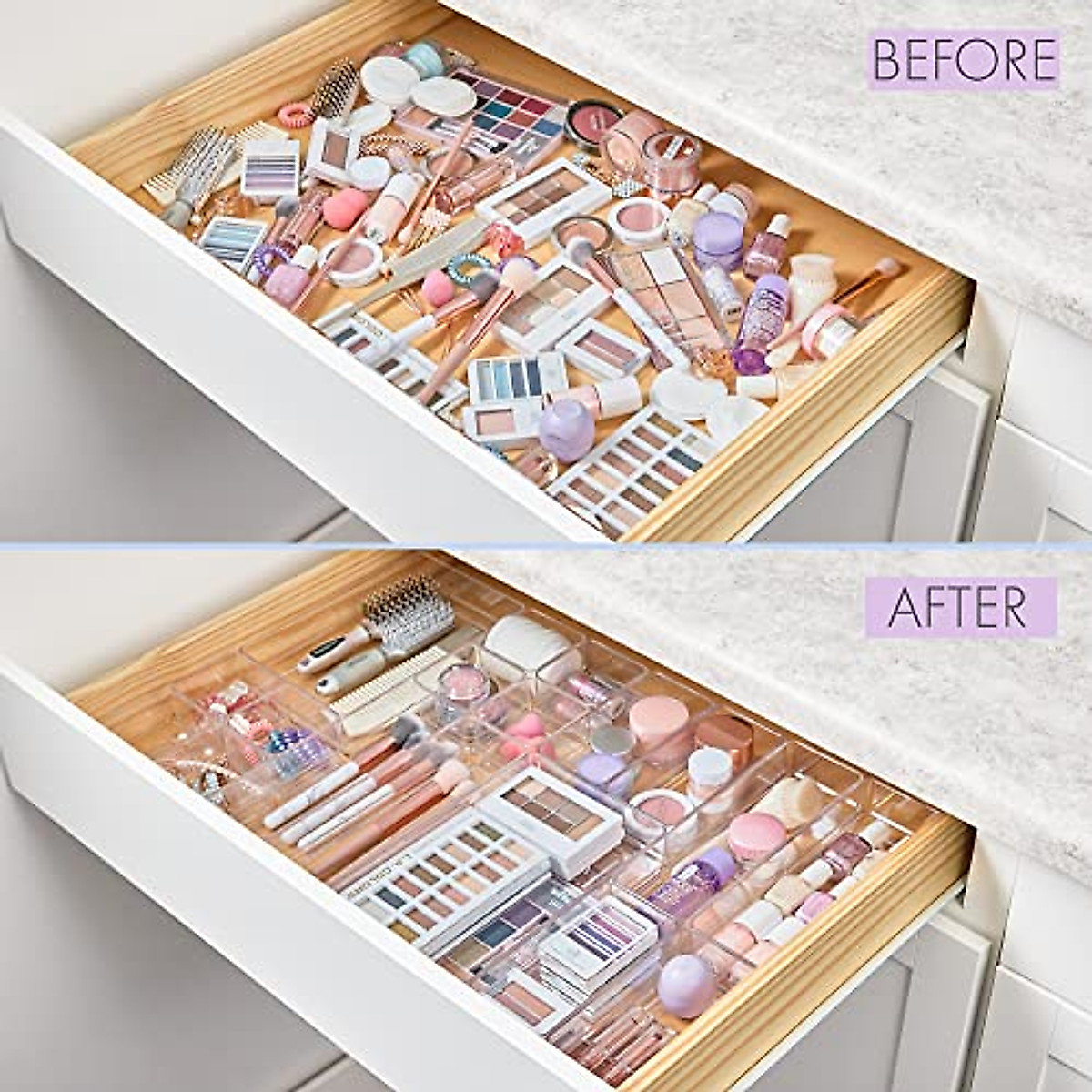 STORi SimpleSort 18-Piece Stackable Clear Drawer Organizer Set | Multi-size Trays | Makeup Vanity Storage Bins and Office Desk Drawer Dividers | Made in USA