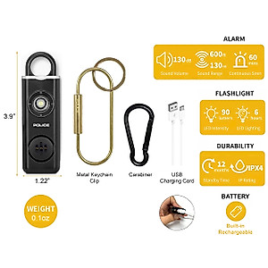 Police Personal Alarm Keychain for Women – 130dB Siren Alarm, LED Flashlight with Strobe Light Rechargeable Safety Alarm- Black