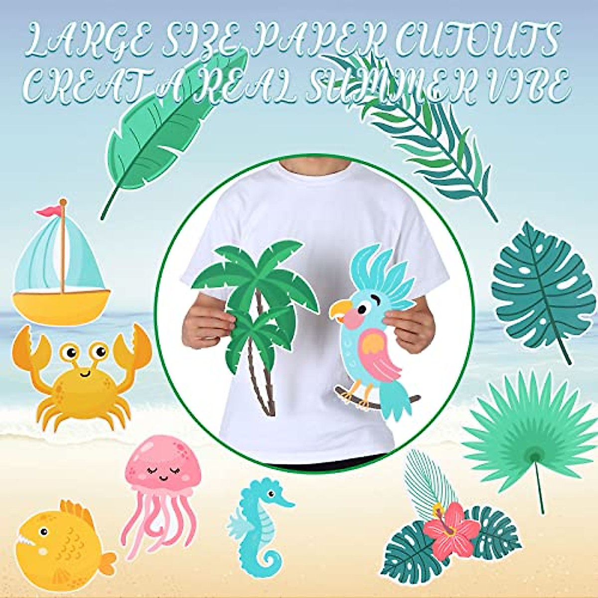 40-Piece Cut-Outs Summer Beach Theme, Summer Beach Sea Creatures Hello Summer Cut-Outs with 80Pcs Glue Point Dots for Classroom Bulletin Board Learning Activities Tropical Luau Hawaiian Decorations