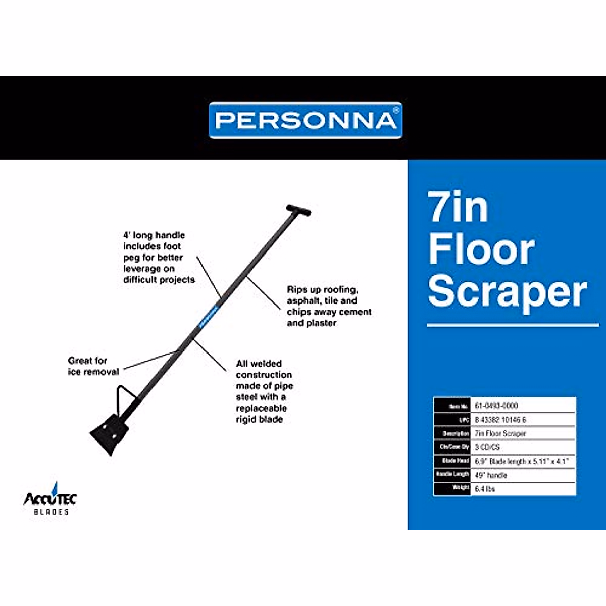 Personna 7" Steel Floor Scraper with 4' Handle and Foot Kick - Replaceable Steel Blade and Heavy-Duty Welded Construction - 61-0493