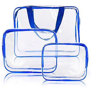 3Pcs Crystal Clear PVC Travel Toiletry Bag Kit for Women Men, Waterproof Vinyl Organizer Clear Makeup Bags with Zipper Handle Straps, Cosmetic Bag Pouch Carry on Airport Airline Compliant Bag Handbag