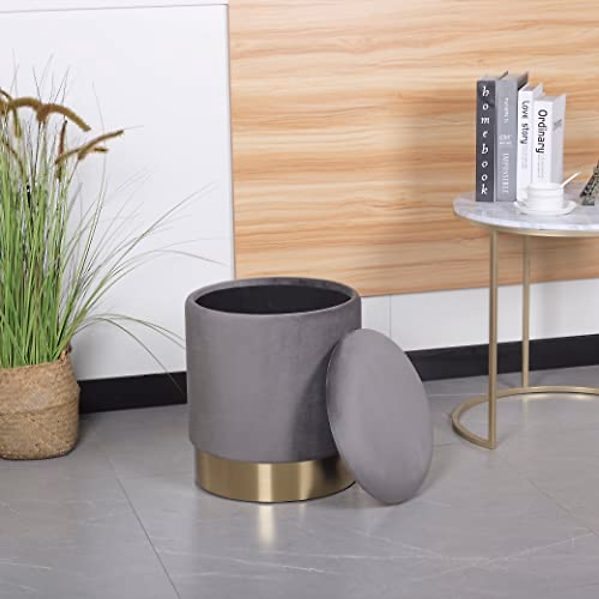 SOFT ASS Round Storage Ottoman Velvet Upholstered Stool Footrest with Gold Metal Base for Living Room Bedroom Entrance Coffee Table (Dark Grey4, Large)
