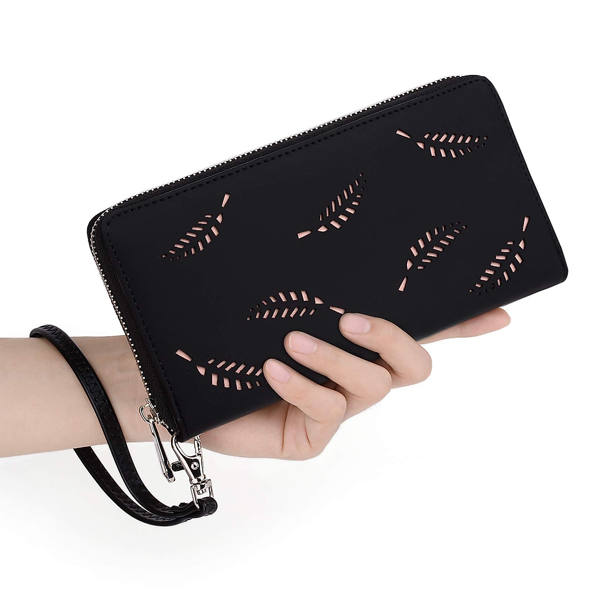 UTO Women Wallet Large Leather Hollow-Carved Leaf Card Holder Checkbook Passport Organizer Ladies Travel Clutch with Wristlet