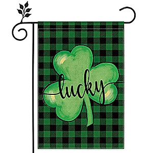 AnyDesign St. Patrick's Day Garden Flag Double-Sided Lucky Shamrock Yard Flag Rustic Green Black Buffalo Plaid Farmhouse Shamrock Outdoor Decoration for Irish Holiday, 12.5 x 18 Inch