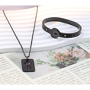 MYNENEY Personalized Lock Bracelet and Key Necklace Set Couples Jewelry - Inspirational Message Engraved His and Hers Stainless Steel Meaningful Chain Bracelet for Women Men (Black)