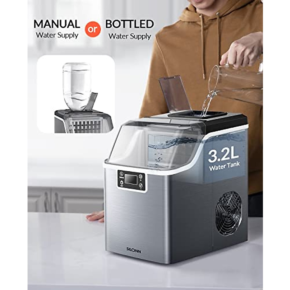 Silonn Countertop Ice Cube Ice Makers, 45lbs Per Day, Auto Self-Cleaning, 24 Pcs Ice Cubes in 13 Min, 2 Ways to Add Water, Compact Ice Machine for Home Office Bar Party,SLIM01B-1
