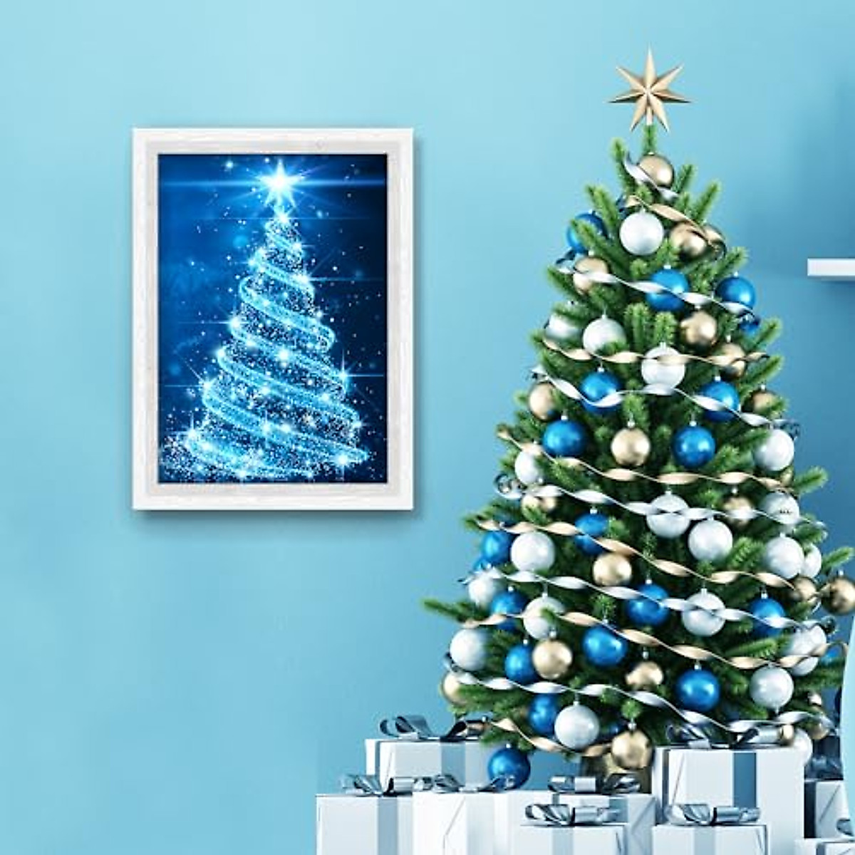 Clothmile Blue Christmas Tree Diamond Art Kit for Adults, Beginners, and Kids - Round Full Drill DIY Gem Art for Xmas Home Wall Decor