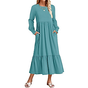ZESICA Women's Spring Long Sleeve Dress 2025 Crewneck Casual Loose Pleated Tiered Swing Midi Dresses with Pockets,Sage,Medium
